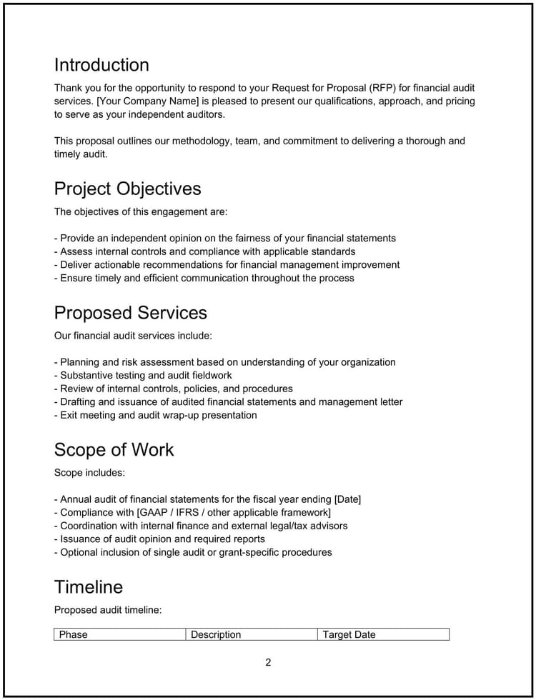 Financial audit RFP response proposal: Free template