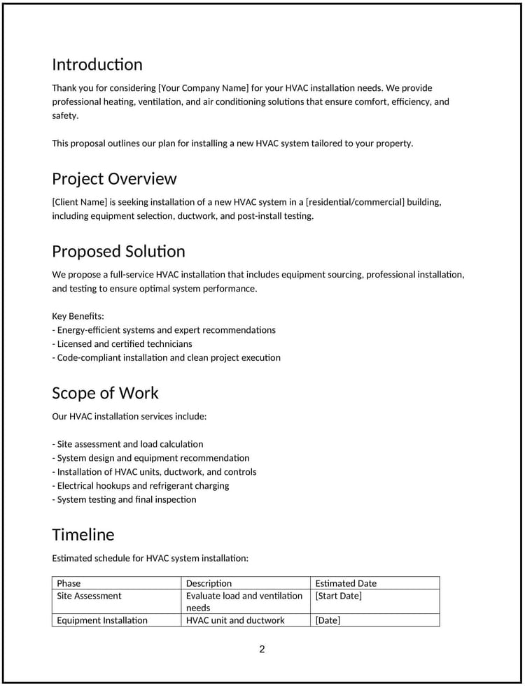 HVAC installation proposal: Free template