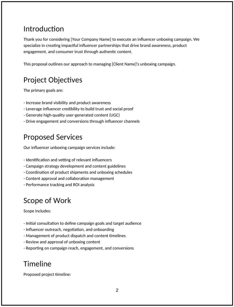 Influencer unboxing campaign proposal: Free template