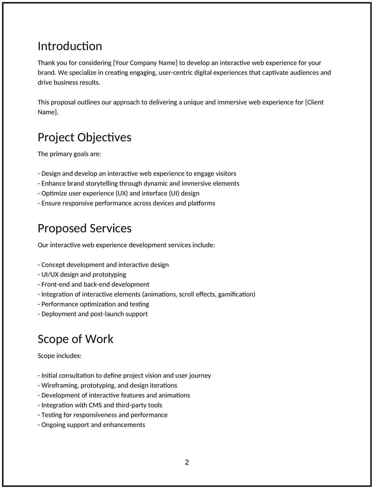 Interactive web experience proposal: Free template