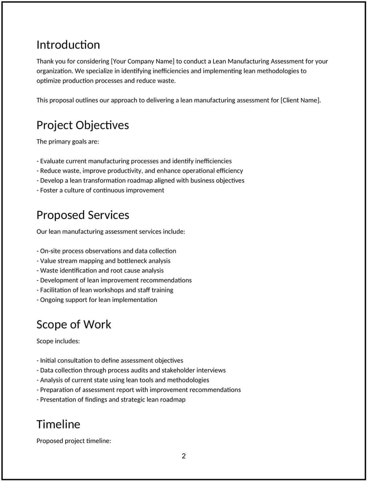 Lean manufacturing assessment proposal: Free template