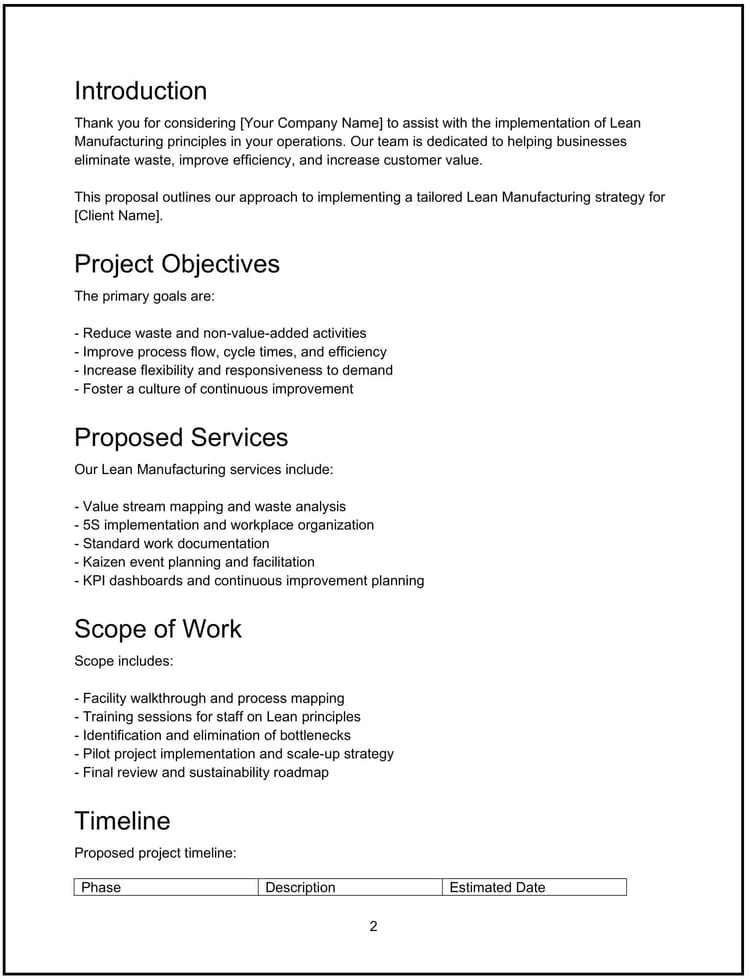 Lean manufacturing proposal: Free template
