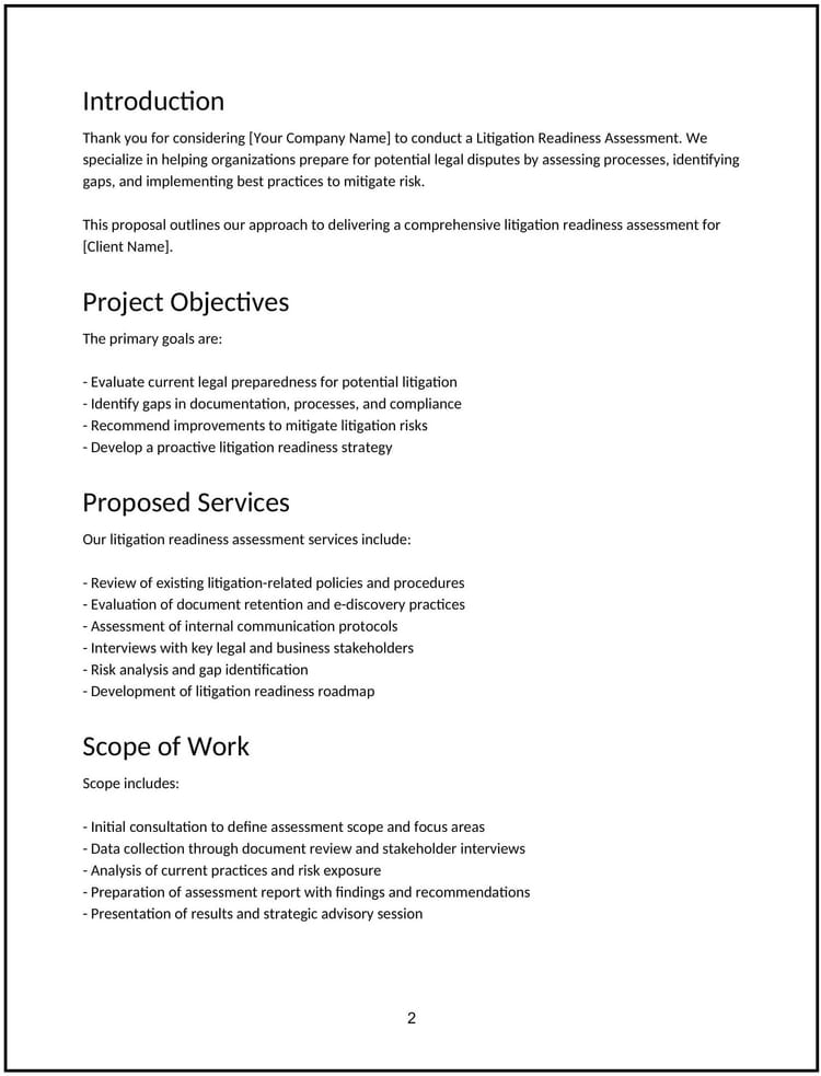 Litigation readiness assessment proposal: Free template