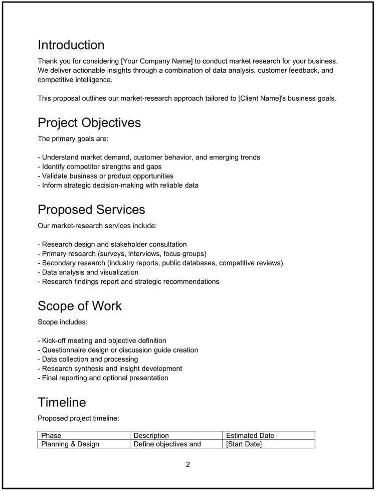 Market research proposal: Free template