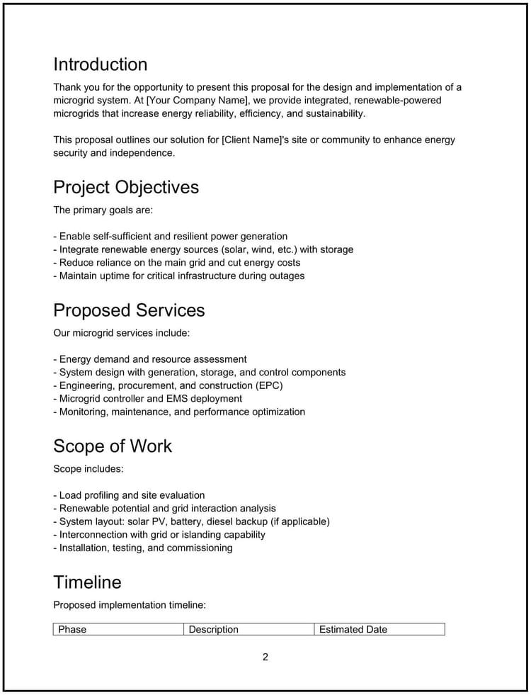 Micro-grid design & implementation proposal: Free template