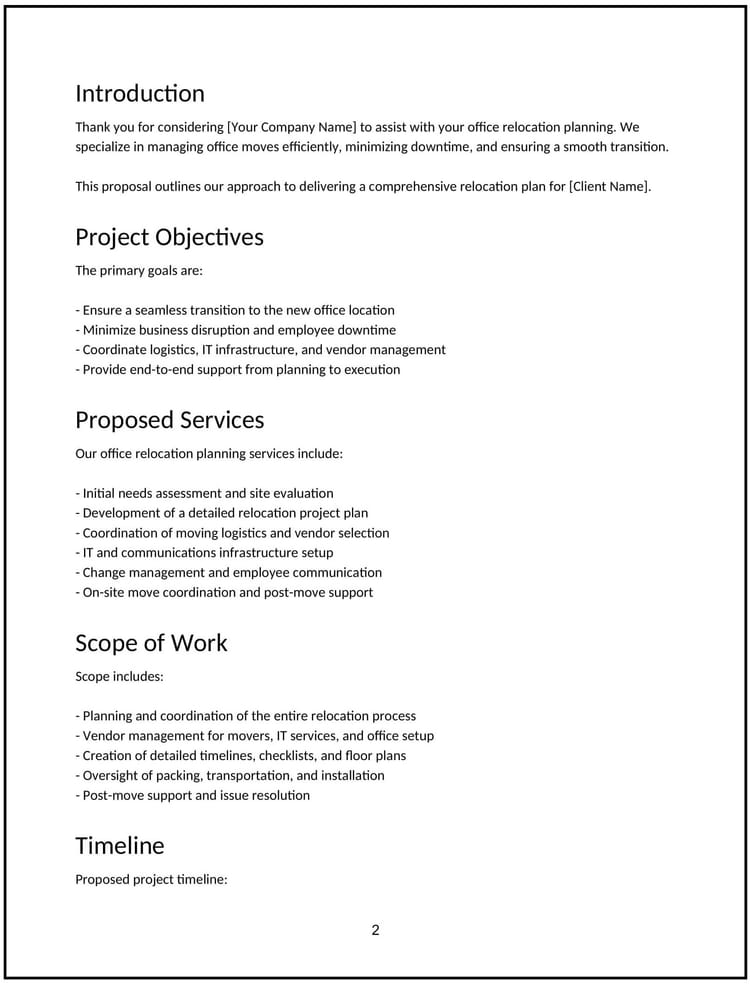 Office relocation planning proposal: Free template