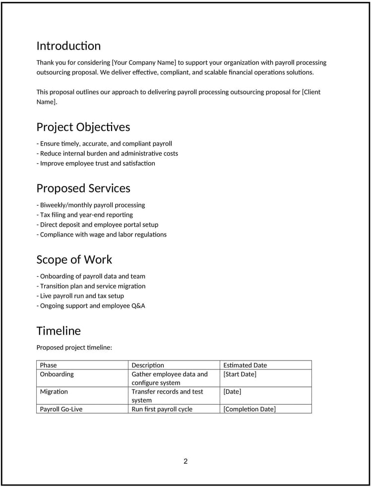 Payroll processing outsourcing proposal: Free template