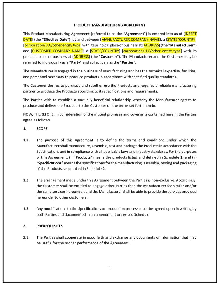 Product Manufacturing Agreement (Oregon): Free template