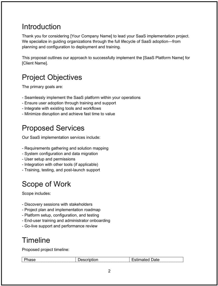 SaaS implementation proposal: Free template