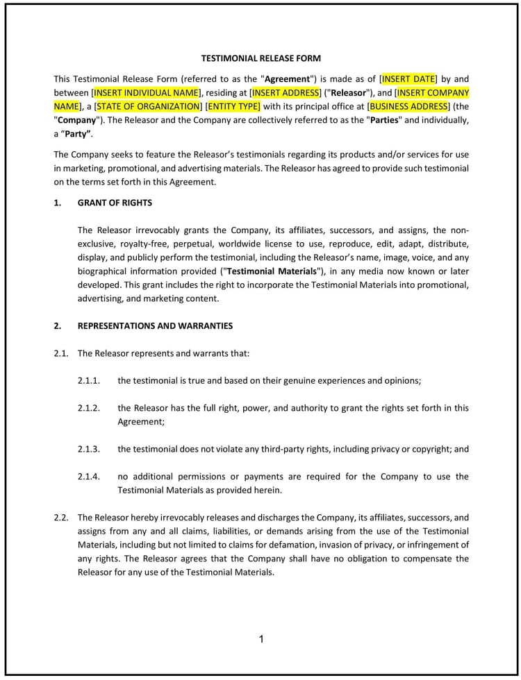 Testimonial Release Form (New York): Free template