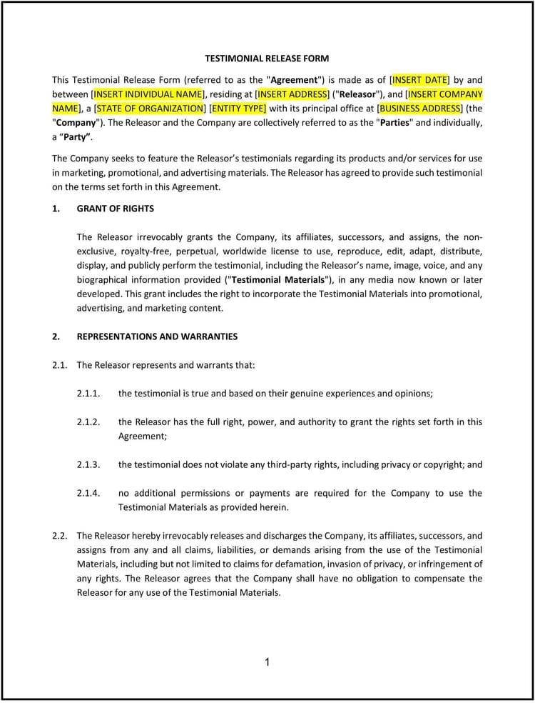 Testimonial Release Form (North Carolina): Free template