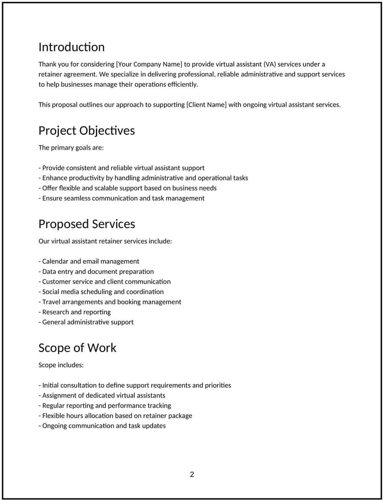 Virtual assistant retainer proposal: Free template